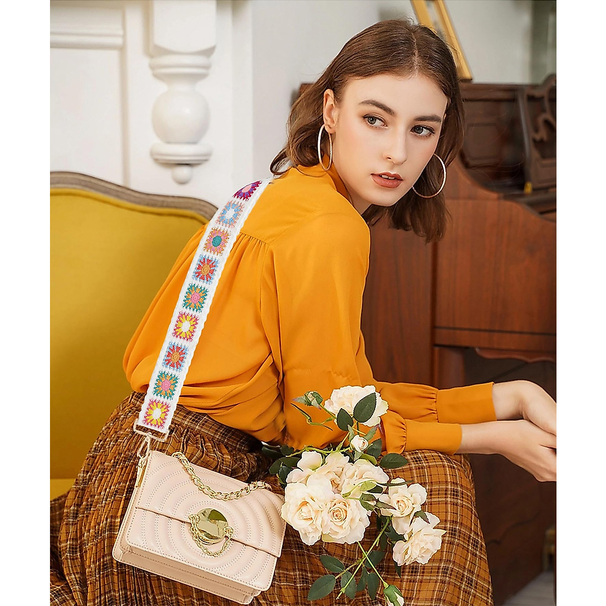 PAXMATE Purse Strap Replacement Crossbody Handbag Guitar Strap Purse Shoulder Strap Adjustable Crochet Flower Bag Strap