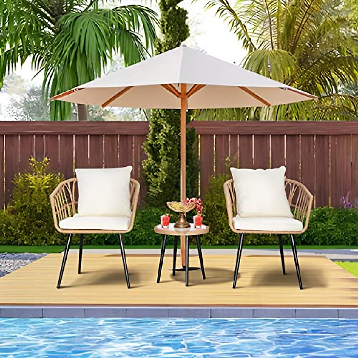 SoarFlash 3 Pieces Outdoor Wicker Bistro Set Rattan Conversation Set with Coffee Table, Patio Chair Set for Lawn, Garden,Backyard, Beige