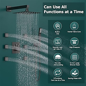 Bostingner 12 Inch Thermostatic Rain Shower System with Body Jets, Wall Mounted, with Brass Handheld Shower Head and 6 Body Spray Shower Jets (Can Run All Together),Thermostatic Shower Valve Set Black