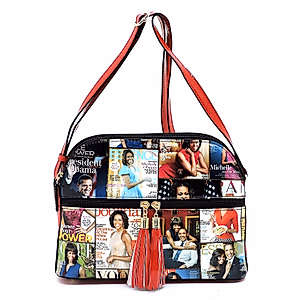 AMY&JOEY Glossy magazine cover collage multi compartments crossbody bag purses Michelle Obama bags with tassels (MULTI/RED)