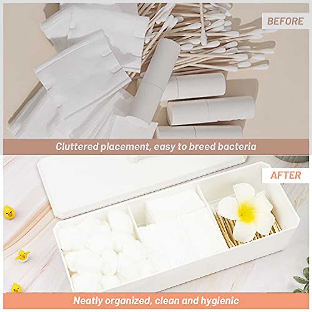 Ezebesta 3 Divider Organizer for Cotton Swab Ball Qtip Cotton Pads Holder Plastic Container Dispenser Box with Lid for Bathroom Storage (White)