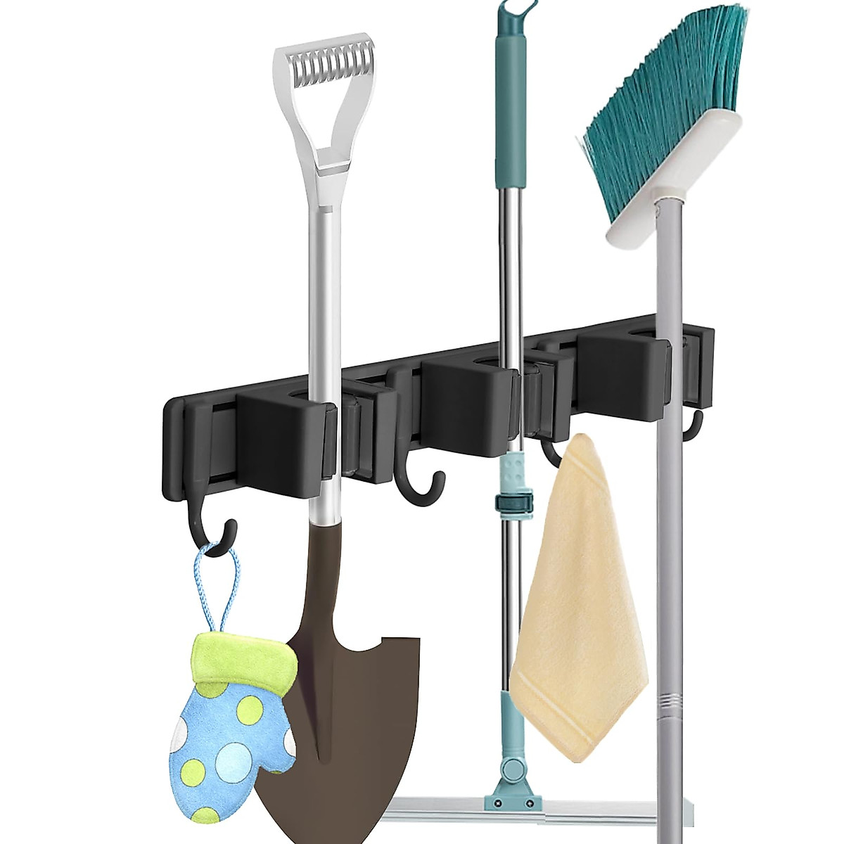Broom and Mop Holder Wall Mount,Upgraded Broom Organizer,Broom Hanger Wall Mount for Home Kitchen Bathroom Garden Laundry Garage,Tool Organizer With 3 Racks and 4 Hooks (Black, 3 Racks with 4 Hooks)