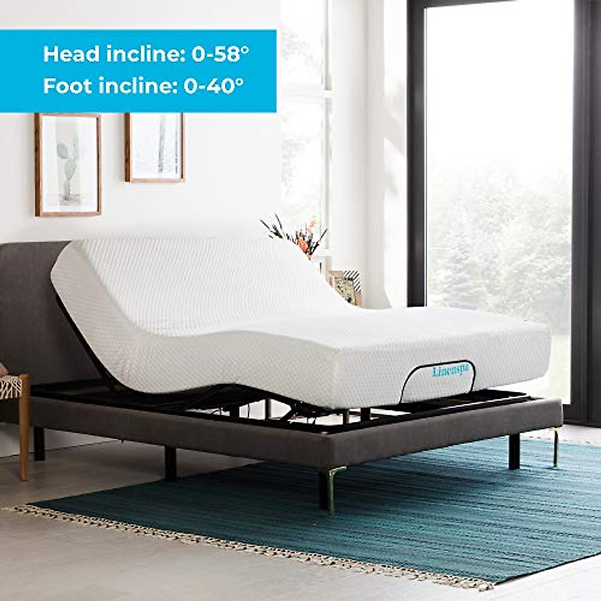 LINENSPA Queen Adjustable Bed Base - 11" Clearance - Independent Head and Foot Incline - Quiet Motor - Easy Tool Free Assembly - Lounging, TV, Working, Reading - Helps Reduce Snoring and Acid Reflux