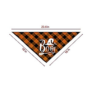 Family Kitchen Boo! with Broom hat Pattern Holiday Halloween Orange Plaid Washable Cotton Bat Pet Dog Bandana for Small Medium Large Pet Dog Cat Halloween Dog Scarf Accessories Gift