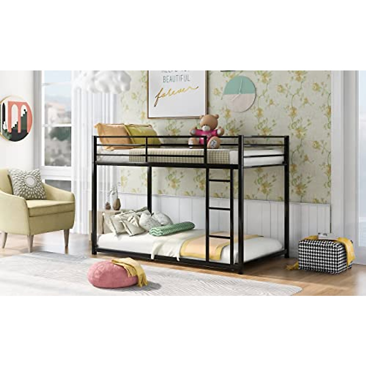 Epinki Metal Bunk Bed, Twin Over Twin, Low Bunk Bed with Ladder, Black Bed Frame, Easy Assembly