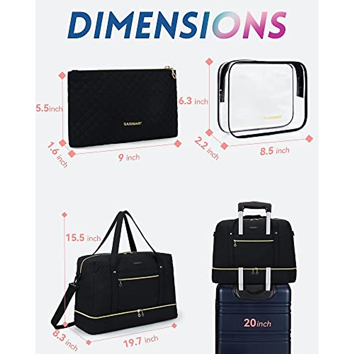 BAGSMART Travel Duffle Bag 3 Pcs Set Weekender Overnight Bag for Women with Makeup Bag & Clear Toiletry Bag, Carry On Bag with Shoe Compartment for Travel, Business Trips(Black)