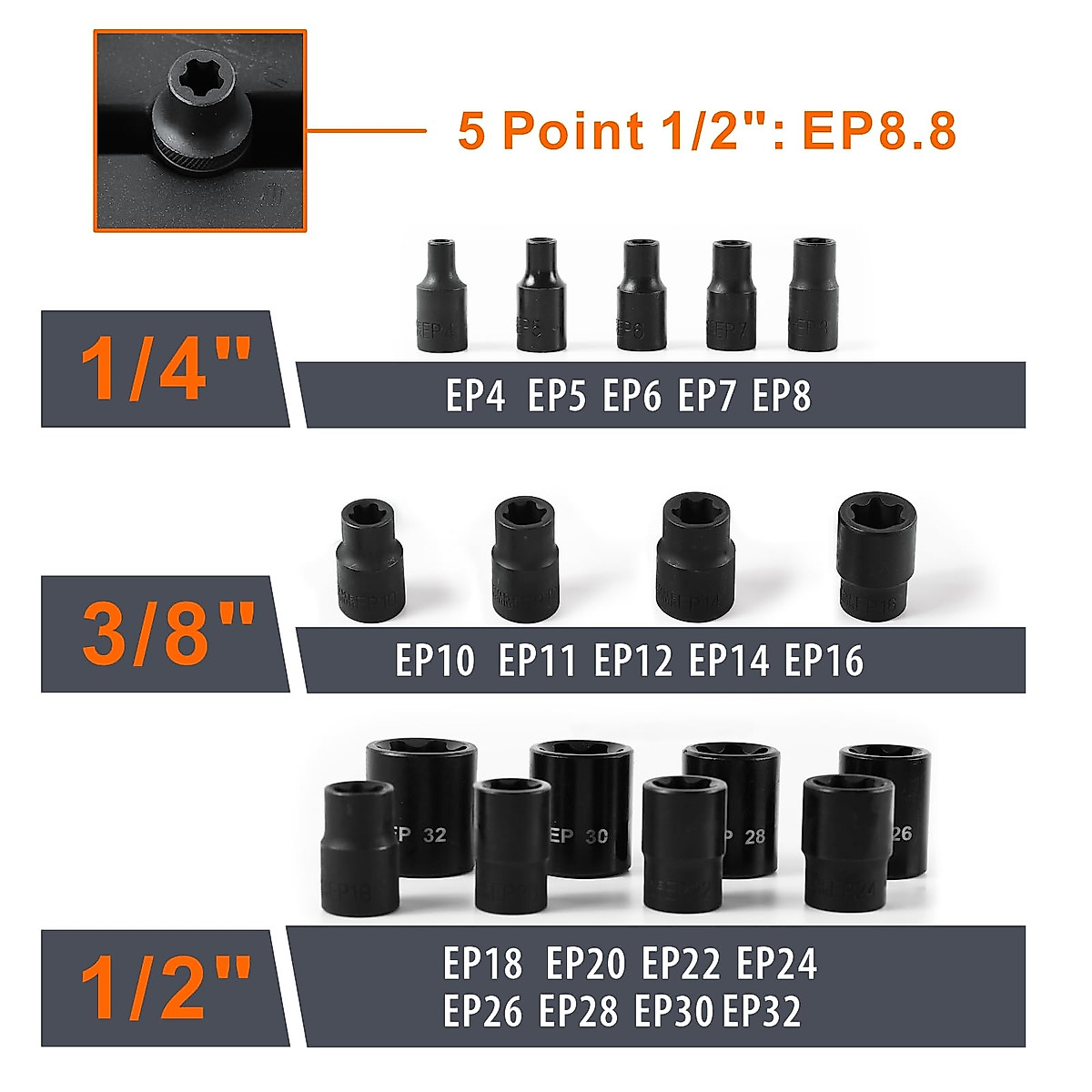 External Torx Plus Socket Set 19 Pc,6 Point EP Socket 1/4 '' EP4-EP8,3/8'' EP10-EP16,1/2'' EP18-EP32,5 Point EP Socket 1/2'' EP8.8 Dr E-Torx Plus set