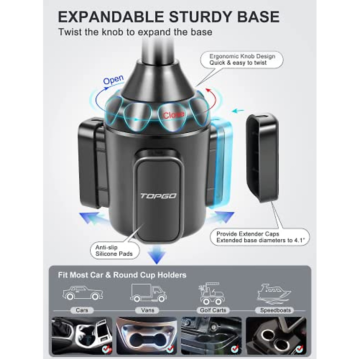 TOPGO Cup Holder Phone Mount, [Upgraded Adjustable Gooseneck & Firmly Stable] Cup Holder Phone Holder for Car, Cell Phone Automobile Cradles for iPhone 14, Samsung and More Smartphone(Black)