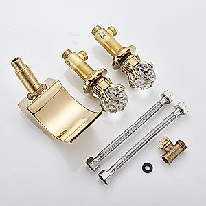NeierThodore LED Widespread Bathroom Faucet Waterfall Gold Polished Lavatory Faucets Basin Mixer Tap 2 Crystal Knobs 3 Holes