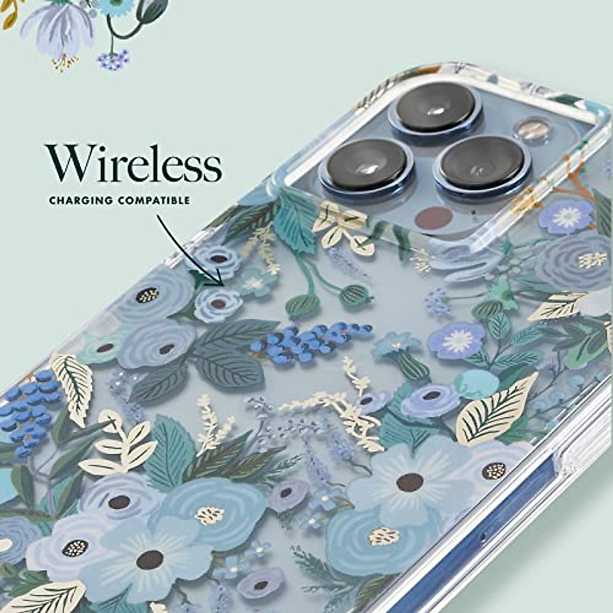 Rifle Paper Co. iPhone 13 Pro - 10ft Drop Protection with Wireless Charging, Scratch Resistant Protective 6.1" Case for iPhone 13 Pro, Shock Absorbing Material, Floral Print -Garden Party Blue
