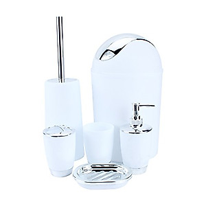 Bathroom Accessories Set, 6 Piece Modern Bath Accessory Bathroom Supplies Set Includes Emulsion Bottle, Tooth Brush Holder, Soap Dish, Gargle Cup, Bin and Toilet Brush for Housewarming Gift, White