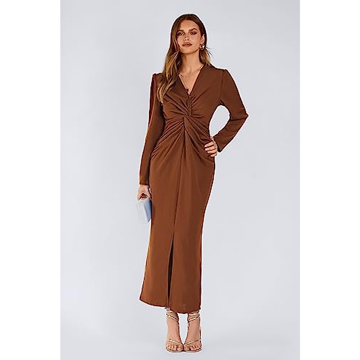 PRETTYGARDEN Women's Spring Fall Fashion Long Puff Sleeve Maxi Dresses V Neck Twist Front Formal Dress with Slit (Coffee,Large)