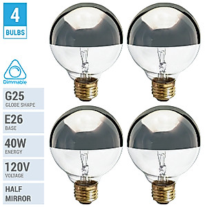 KOR (4 Pack) G25 Incandescent Light Bulb, Silver Half Chrome Crown with Mirror Reflect Glare-Less Finish, Decorative Globe 120 Volts, Lamp Shape, Medium Base, E26 Base, Dimmable. (40.00)