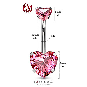 Forbidden Body Jewelry Surgical Steel Belly Button Ring with Heart CZ & Internally Threaded Matching Top, Pink