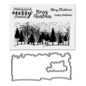 Christmas Forest Clear Stamps and Die Cuts for Card Making and Photo Album Decorations, Trees Blessing Words Transparent Rubber Stamps and Cutting Dies Seal for DIY Scrapbooking