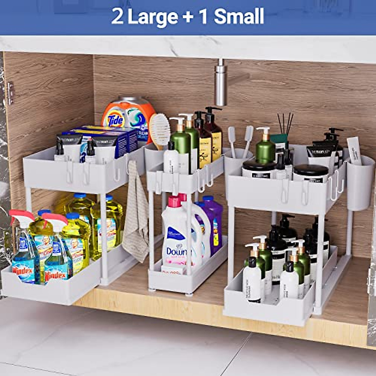 3 Pack Puricon Under Sink Organizer Pull Out Under Sink Storage, 2 Tier Multi-Purpose Sliding Under the Sink Organizer Bathroom Kitchen Sink Organizer Under Cabinet Shelf for Cleaning Supplies -White