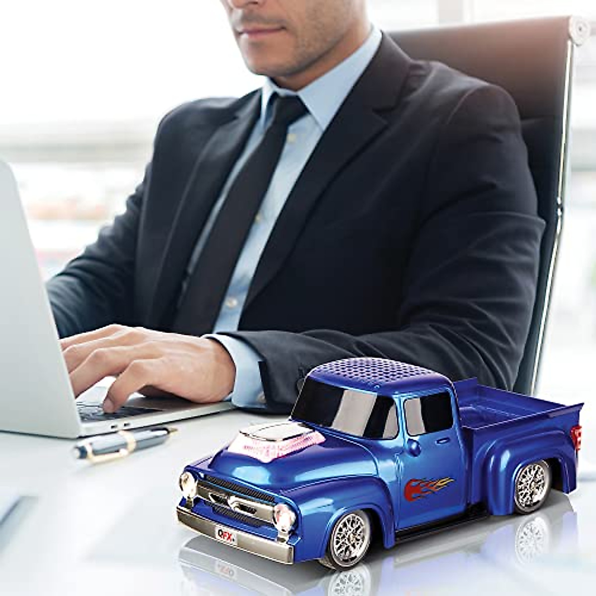 QFX Bluetooth 1956 Pickup Truck Replica Speaker, 3-inch Speakers, Hands Free Link, Built-in Microphone, FM Radio and LED Party Lights, Blue - BT-1956 BL