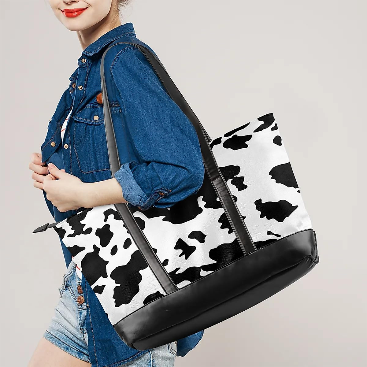 Large Tote for Women's Travel, Beach, Shoulder Bag with Zipper - 15.6'' Laptop Bag - Lightweight Tote Handbag in Cow Pattern