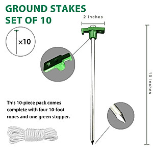 Eurmax USA Galvanized Non-Rust Camping Family Tent Pop Up Tent Stakes Canopy Anchors Heavy Duty 10pc-Pack, with 4x10ft Ropes & 1 Green Stopper
