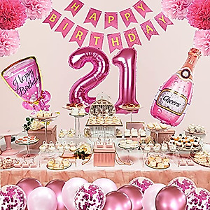 Crenics 21st Birthday Decorations for Her - Hot Pink Happy Birthday Banner, Pom Poms, 21 Number Balloon, Lipstick Champagne Balloons and 24 Latex Balloons for 21st Girls Women Birthday Party Supplies
