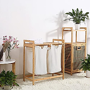 Bellglee Laundry Hamper with Shelf, 2 Sections Wooden Laundry Basket with Sliding Removable Bags, Bamboo Wood Laundry Organizer with Double Compartments, Laundry Sorter with Handles