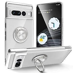 Tnarru Clear Compatible with Google Pixel 7 Pro Case with Magnetic Ring Holder Kickstand [Non-Yellowing] Transparent TPU Slim Thin Shockproof Protection Pixel 7 Pro Phone Case -Silver