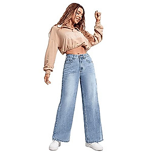 SweatyRocks Women's Casual High Waisted Distressed Ripped Jeans Wide Leg Denim Pants Light Blue S