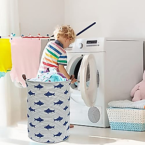 CLOCOR Kids Laundry Basket,Shark Toy Storage Bins,Baby Clothes Hamper,Round Gift Basket with Handles for Bedroom Nursery,Toddler Room Decor (Shark)