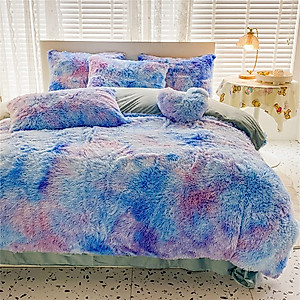 IHOUSTRIY Blue Queen Duvet Cover Set Rainbow Tie Dye Fluffy Girls Bedding Set Queen Size Plush Shaggy Furry Comforter Cover Set for Bedroom Decor (1 Duvet Cover, 2 Pillowcases)
