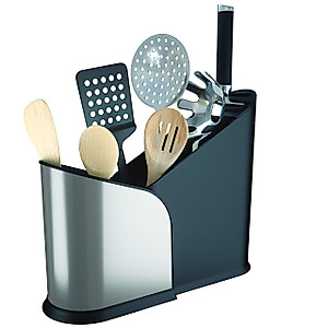 Umbra Furlo, Expandable Kitchen Utensil Holder, Multi-Functional Caddy Organizer with Divider and Extra Storage, Ideal for Keeping Knives and other Utensils Instantly Accessible, Black/Stainless Steel