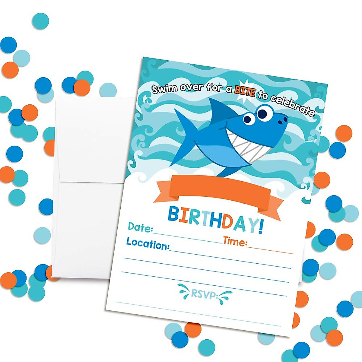 Smiling Shark Bite Birthday Party Invitations, 20 5x7 Fill In Cards with Twenty White Envelopes by AmandaCreation