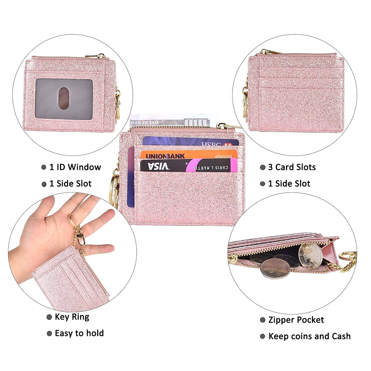 Womens Slim RFID Credit Card Holder Mini Front Pocket Wallet Coin Purse Keychain (starRosegold)