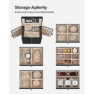 SONGMICS 6 Tier Jewelry Box, Jewelry Case with 5 Drawers, Large Storage Capacity, with Mirror, Lockable, Jewelry Storage Organizer, Gift for Loved Ones, For Watches, Black UJBC152B01