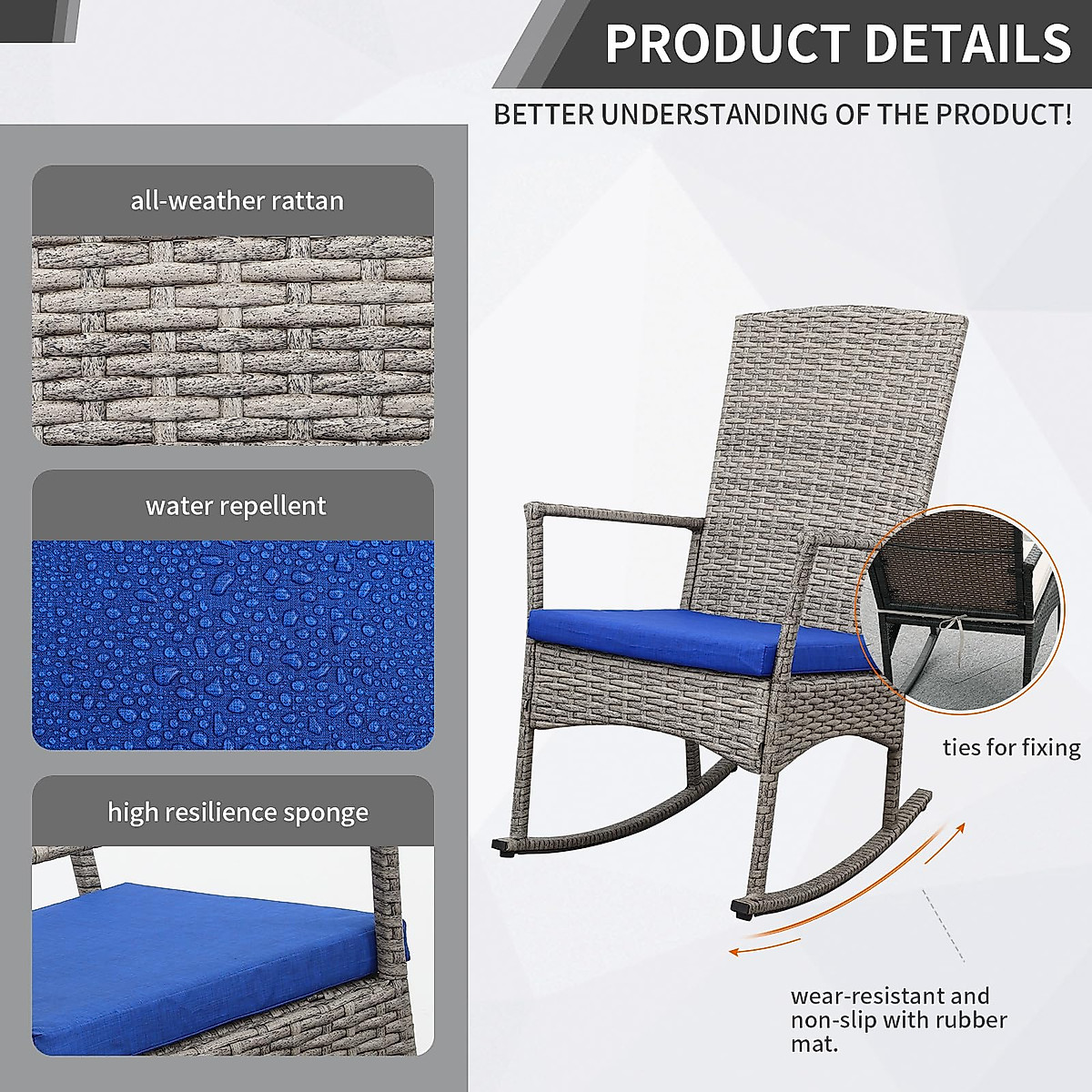 Rocking Chair Outdoor 3 Pieces High-Backed Patio Rocking Chairs Bistro Table and Chairs Set of 2 Outdoor Table and Chairs Anti-Slip Cushions, Dark Blue