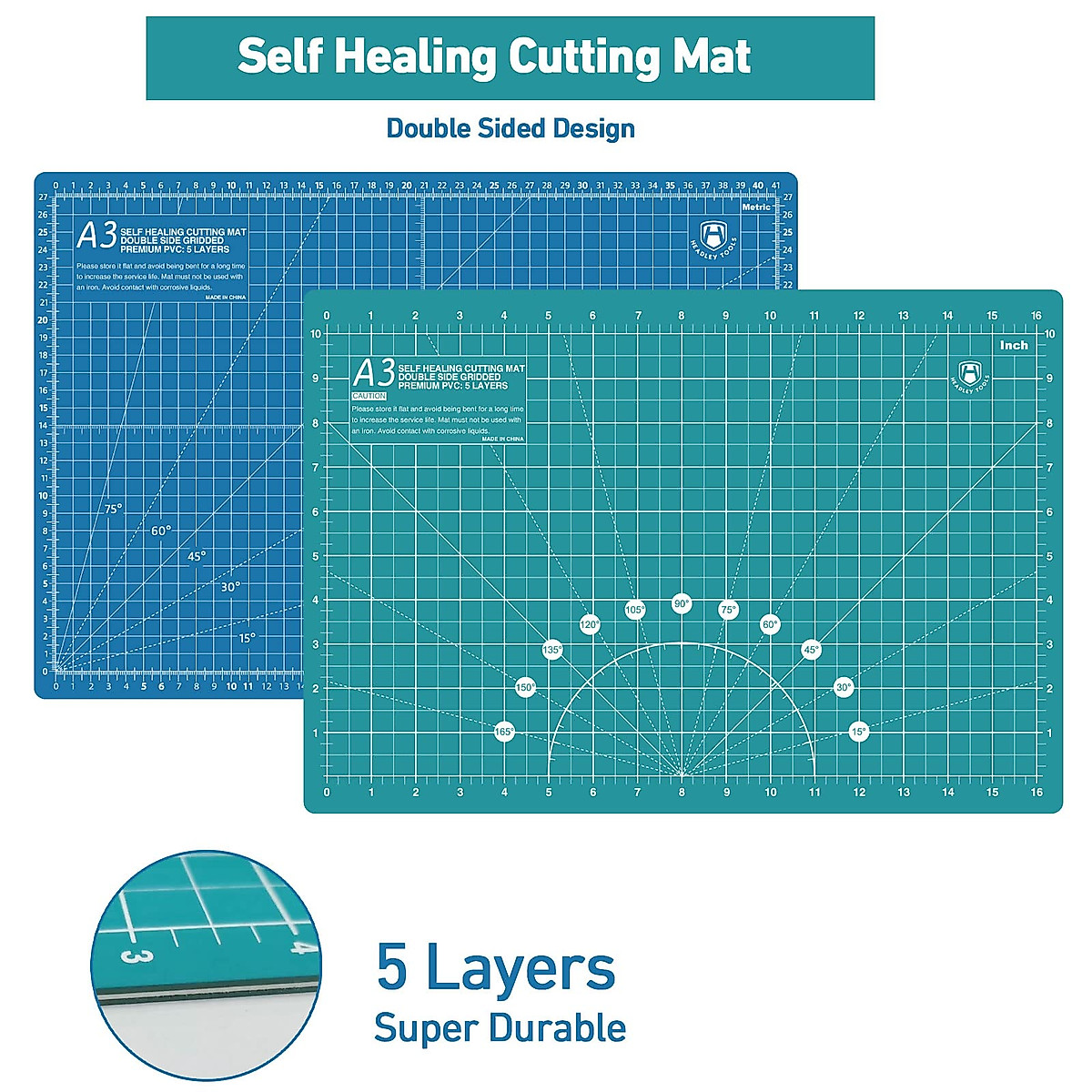 Headley Tools Rotary Cutter Set - 45mm Fabric Cutter, 5 Extra Rotary Blades, A3 Cutting Mat, Quilting Ruler and Sewing Clips, Craft Knife Set, Ideal for Crafting, Sewing, Patchworking,Turquoise