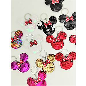 ITISMINE 12 pieces Sparkly BLINK Plush Reversible Sequin 3 inch Key Chain Appeal Backpack Bag Accessories (Minnie Shape), Red Pink Gold Silver Rainbow, 1 size fit all