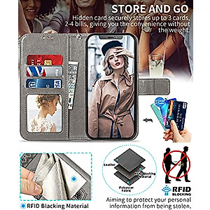 CASEOWL iPhone 13 Wallet Case - Magnetic Detachable 2-in-1 Mandala Embossed Leather with RFID Blocking, Card Holder, Hand Strap (Gray)