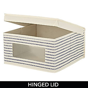mDesign Medium Fabric Stackable Closet Storage Organizer Box, Front Window/Lid for Bedroom, Office, Mudroom Organization, Hold Clothes, Blankets, Linens, Lido Collection, 4 Pack, Natural/Blue Stripe