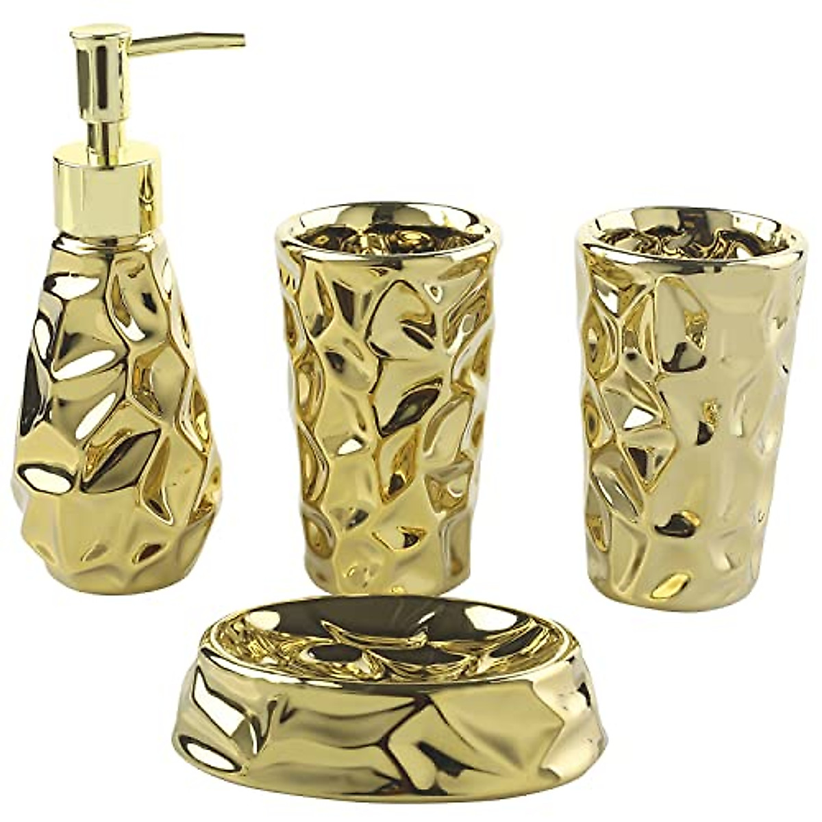 MyGift 4 Piece Luxurious Modern Gold Ceramic Bathroom Accessory Set, Gold Decor Bathroom Accessories, Toothbrush Holder Set with Soap Dish, Pump Dispenser and Tumblers