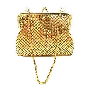 X-Small Women clutch metal mesh purse Hand strap carry for Cocktail Party Prom Wedding Banquet (Gold)
