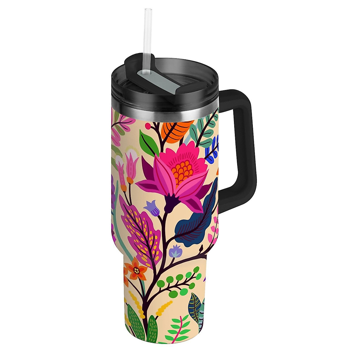 Yasala Car Tumbler with Handle Rainbow Flower Cartoon Flora Travel Mug Coffee Cup Insulated Beverage Container Mega Cup for Hot Cold Drinking Thermos Water Bottle Cupholder Friendly 40 oz