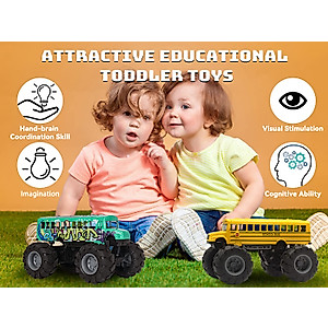 Crelloci School Bus Monster Truck Toy - 2 Pack Set Die Cast Yellow School Bus Toy, Pull Back Car Toys, Big Wheel Monster Truck Play Vehicles Gifts for Toddlers, Kids, Boys