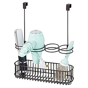 mDesign Metal Bathroom Storage Tool Organizer Accessory Basket Tray - Hang Over Cabinet Door - Storage for Hair Dryer, Straightener, Curling Iron & Hair Styling Products - Concerto Collection, Bronze