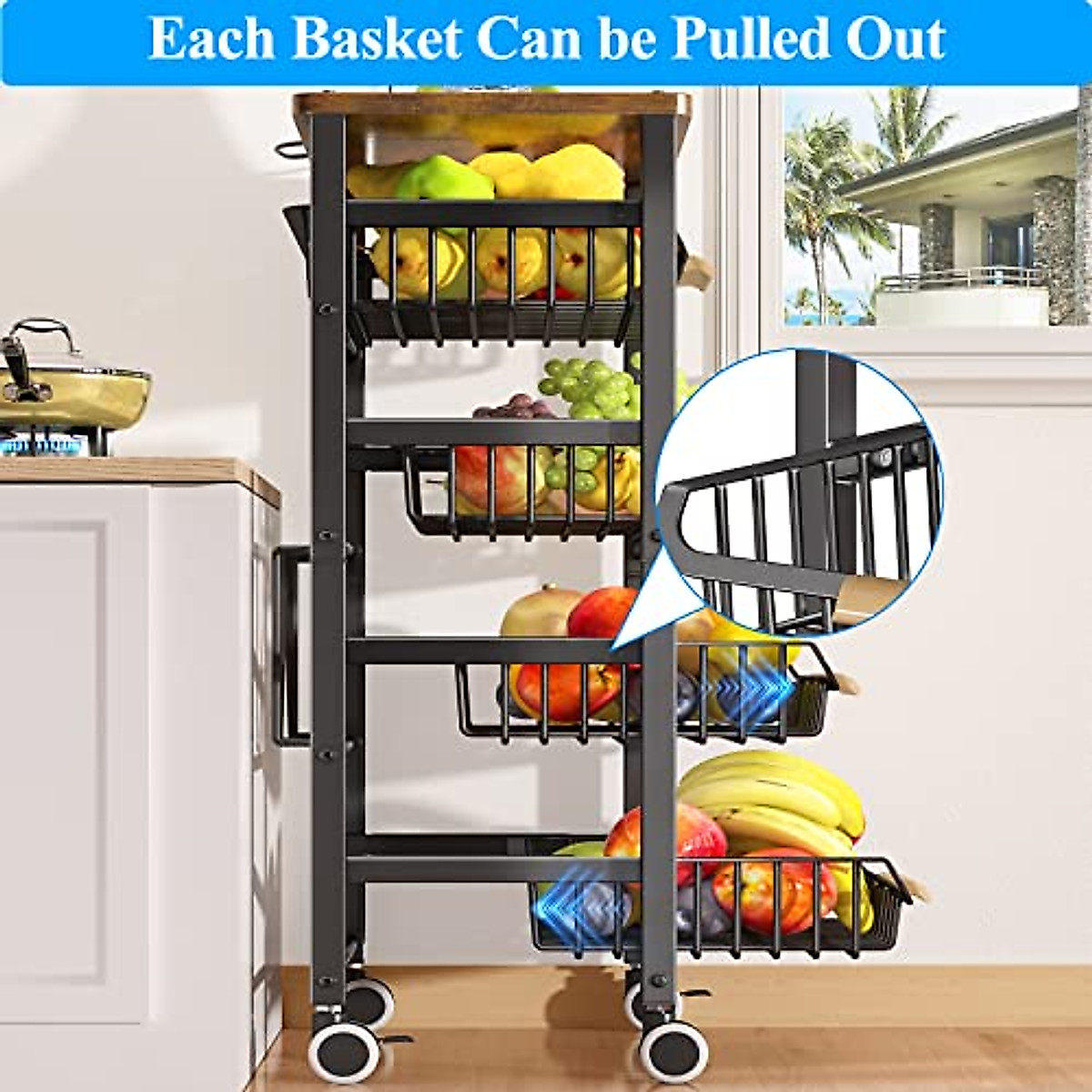 Fruit Basket for Kitchen, 5 Tier Large Pull-out Wire Basket With Wood Top and Wheels, Kitchen Storage Cart for Fruit Vegetable Onions Potatoes Banana, Black