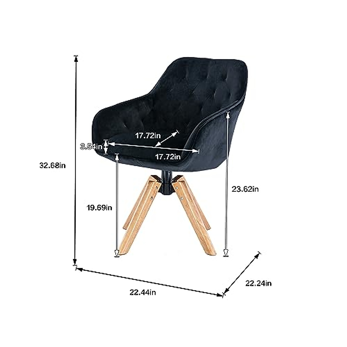 Swivel Accent Chair,Dining Chair No Wheels with Solid Wood Legs,Upholstered Button Tufted Desk Chair,Modern Home Office Chair for Living Room Bedroom Small Space,Weight Capacity 300 LBS,Black