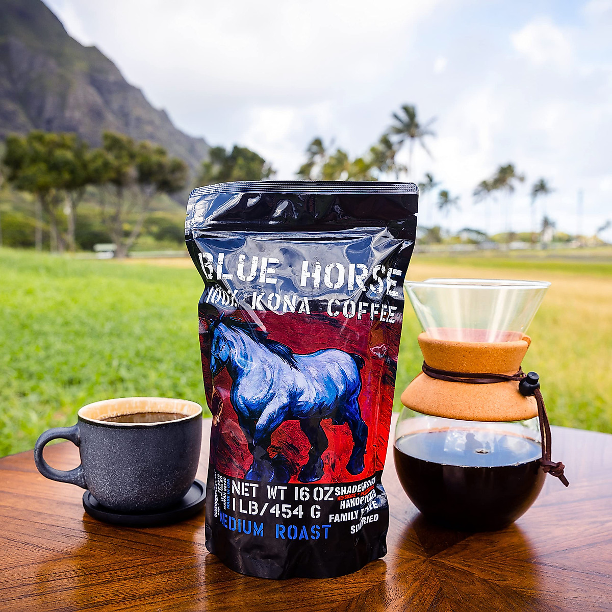 Farm-fresh: 100% Kona Coffee - Medium Roast - Arabica Whole Beans - 1 Lb or 16 oz Bag - Blue Horse 100% Kona Coffee from Hawaii