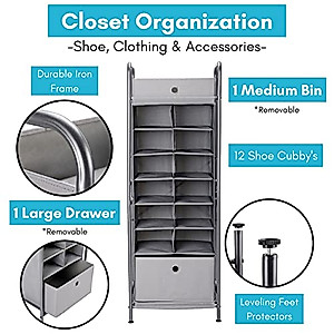 BIRDROCK HOME 12 Cubby Vertical Shoe Rack Organizer with Large Drawer - Grey - Free Standing Tower for Closet - Sturdy Metal Frame - Space Saver - Bedroom Organization