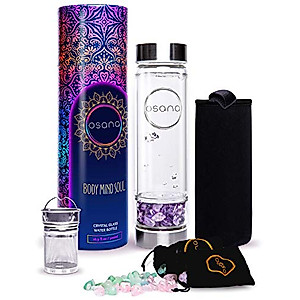 OSANA Crystal Water Bottle with 3 Changeable Healing Crystals – Amethyst, Rose Quartz, Green Fluorite – Loose Leaf Tea Bottle – Gem Elixir Infused Glass Water Bottle - 16.9 oz