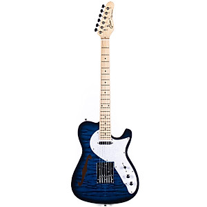 Grote Electric Guitar Semi-Hollow Body Single F-Hole Printed Tele Style Guitar Full-Size Basswood with Canadian Maple neck Chrome Hardware Picks (Blue)