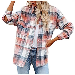 Womens Plaid Shacket Casual Flannel Plaid Shirts Woolen Brushed Lapel Button Down Jacket Stylish Boyfriend Cardigan Coats